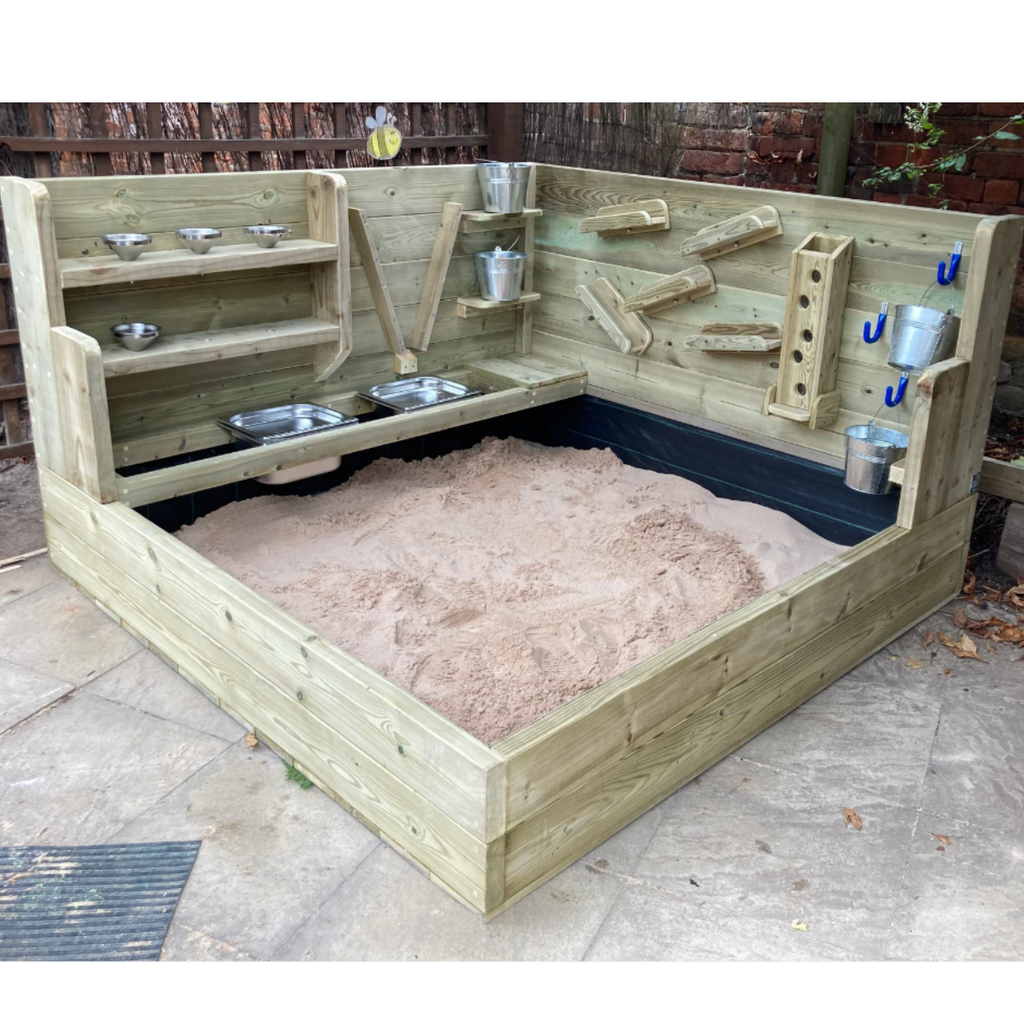Wooden Outdoor Corner Play Wall + Sandpit | Educational Equipment Supplies