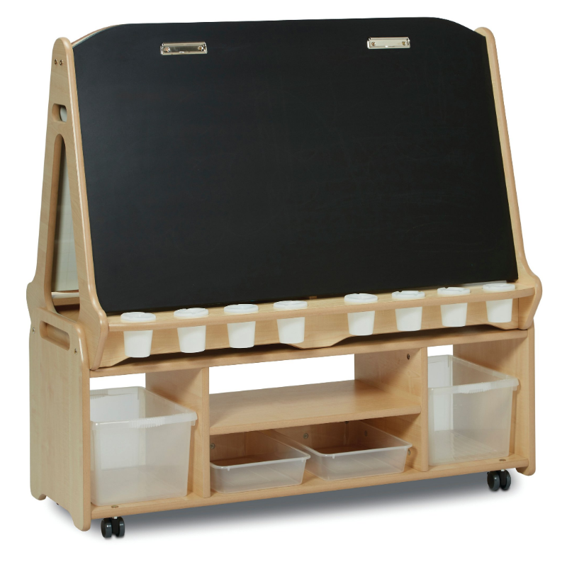Playscapes Double-Sided Whiteboard / Chalkboard 4 Station Easel + Medium Storage Trolley ...