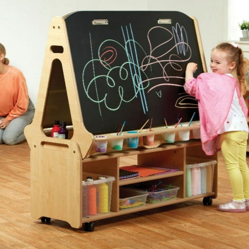Playscapes Double-Sided Whiteboard / Chalkboard 4 Station Easel + Medium Storage Trolley ...